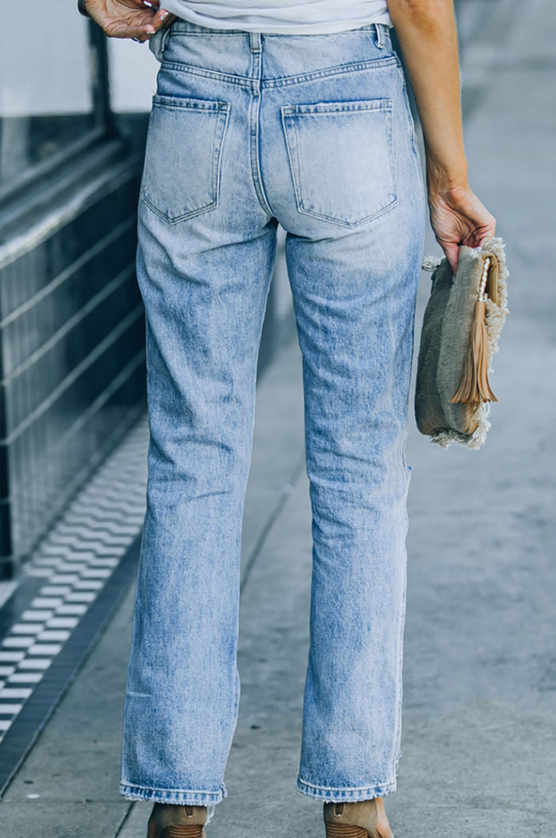 Pre-Order Sky Blue Side Splits Ripped Straight Leg High Waist Jeans – Worn & Refined