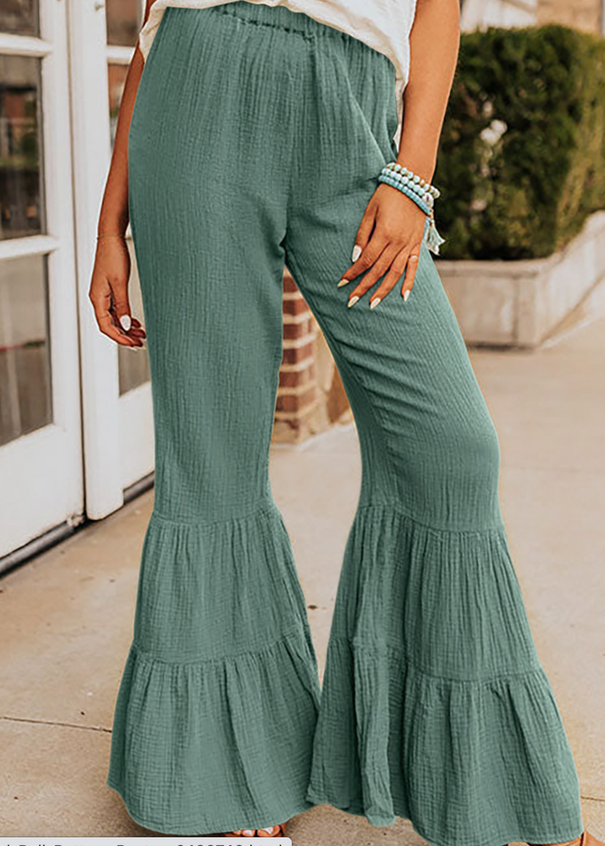 Pre-Order Textured High Waist Ruffled Bell Bottom Pants – Worn & Refined