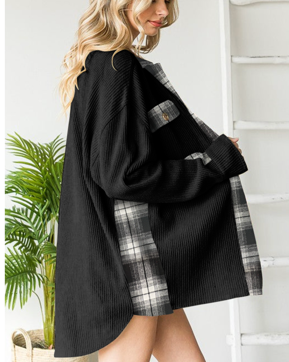 Pre-Order Black Plaid Patchwork Waffle Thermal Knit Shacket – Worn ...