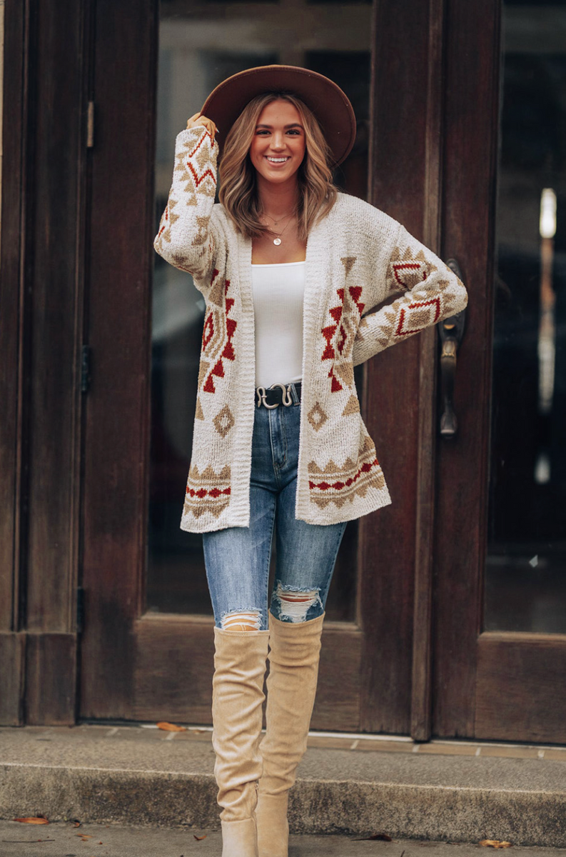 Pre-Order White Aztec Pattern Open Knitted Cardigan – Worn & Refined