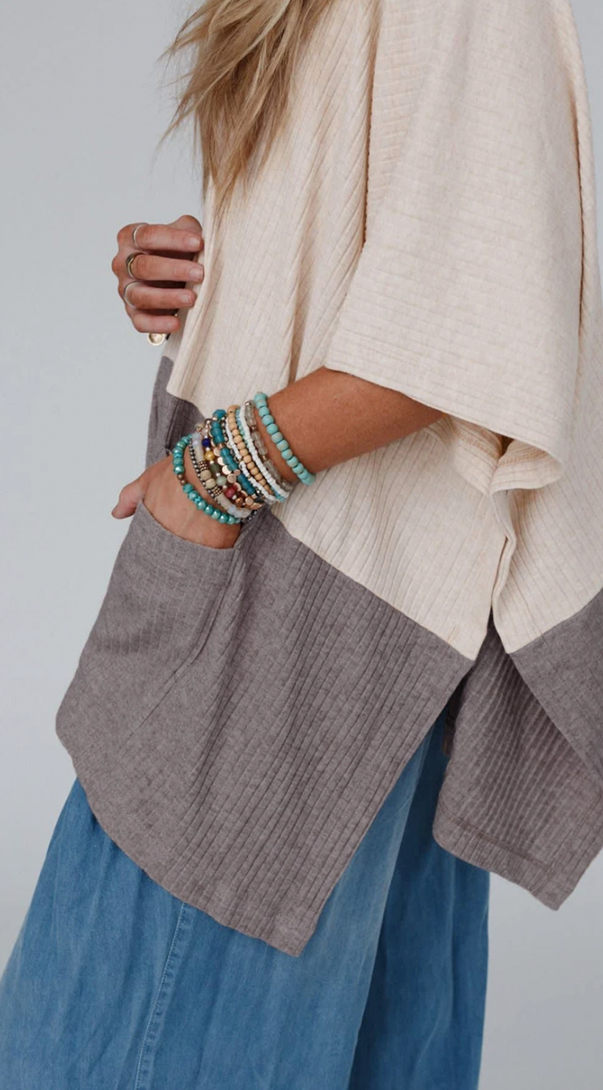 Pre-Order Pale Khaki Color Block Ribbed Knit Split Side Poncho – Worn ...