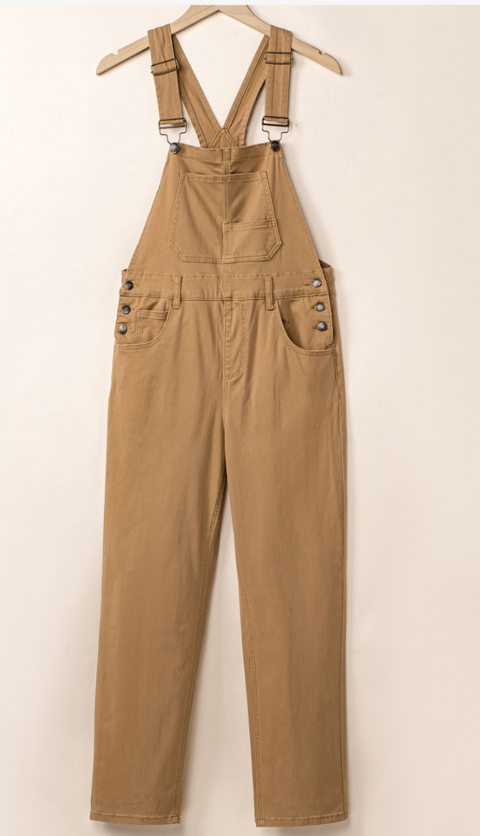 Pre-Order Khaki Vintage Multi Pockets Buckle Strap Cargo Denim Overall ...