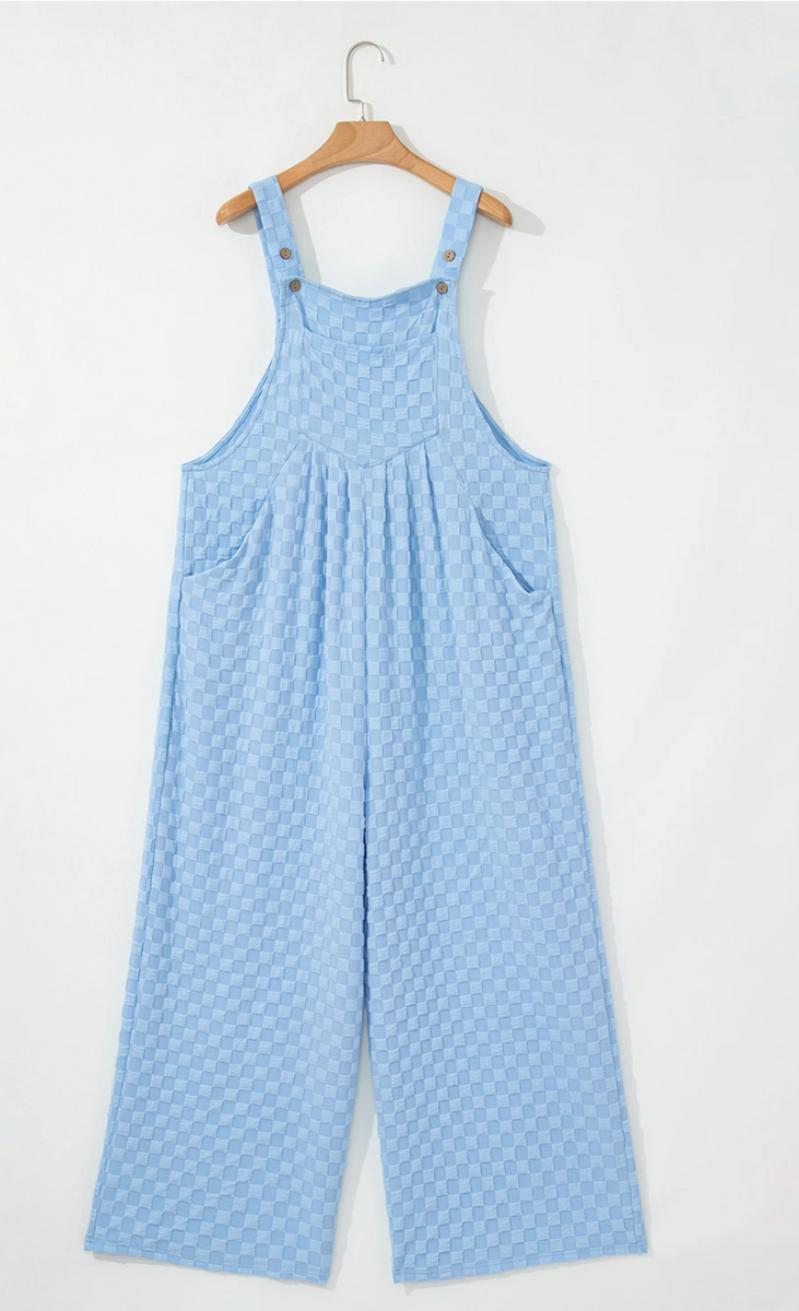 Pre-Order Beau Blue Checkered Pocket High Waist Wide Leg Overalls ...