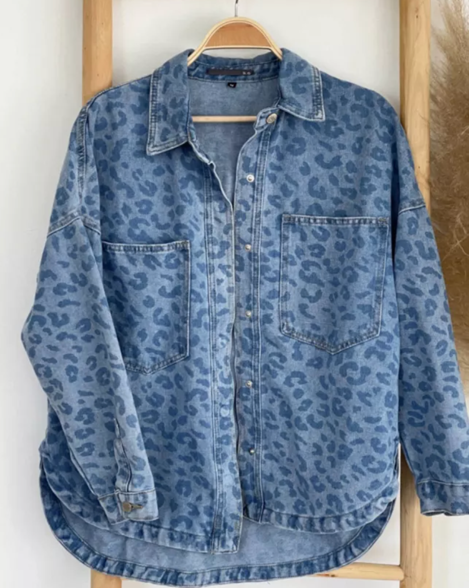 Pre-Order Sky Blue Oversized Leopard Denim Jacket with Pockets – Worn ...